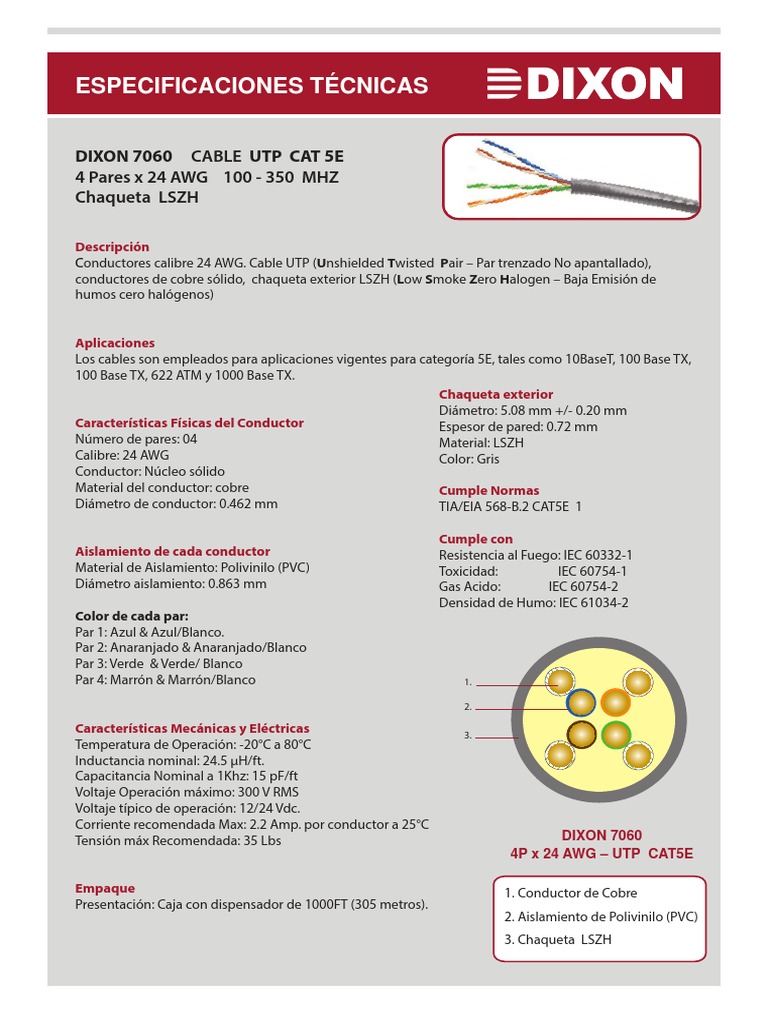 Cable UTP Cat 5E Dixon 7060 Especificaciones | PDF | Electrónica | Equipo