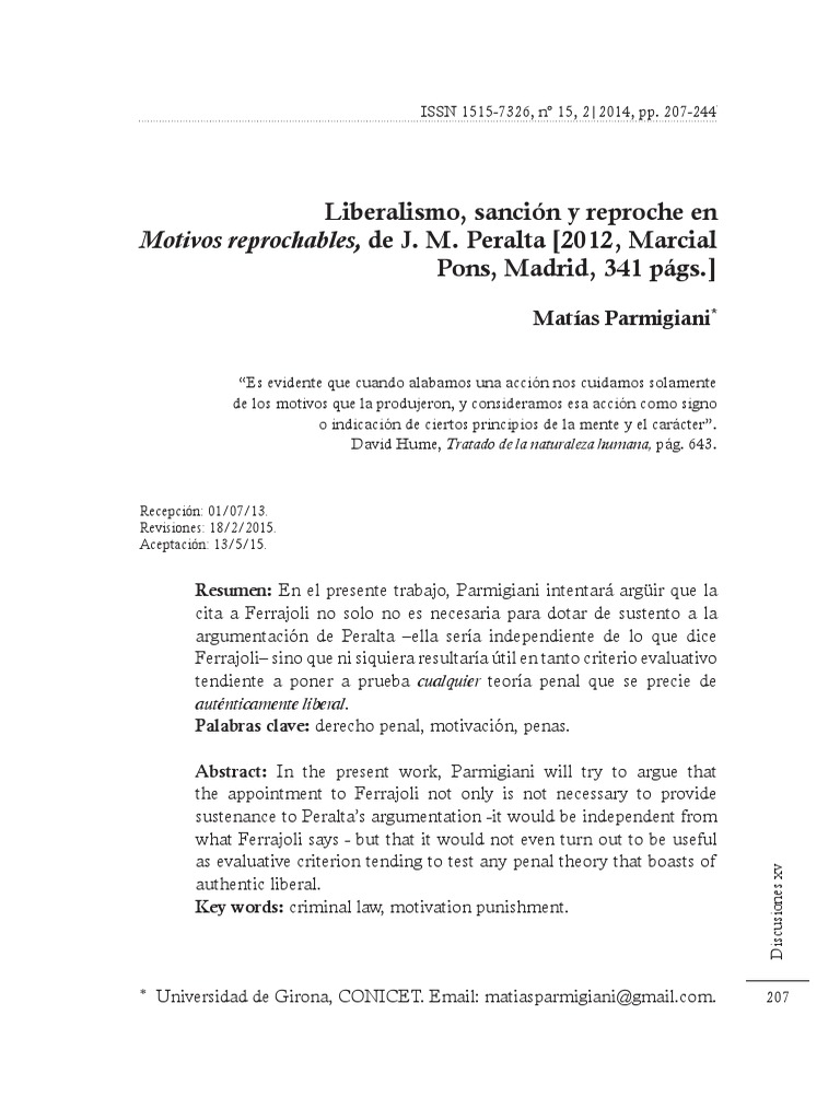 Liberalismo Sancion y Reproche en Motivos Reprochables de J M Peralta ...