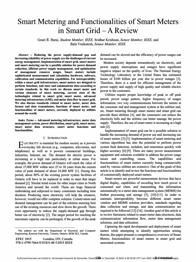 Smart Metering and Functionalities of Smart Meters in Smart Grid - A Review | PDF | Smart Grid ...