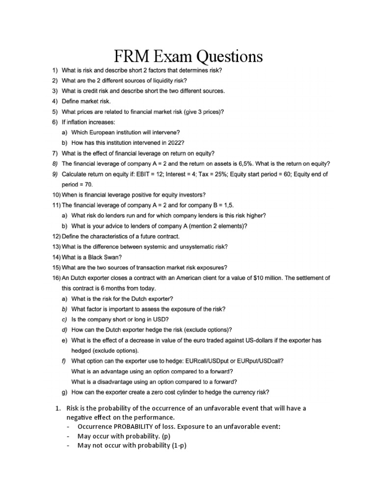 FRM Exam Questions | PDF | Financial Risk | Financial Markets