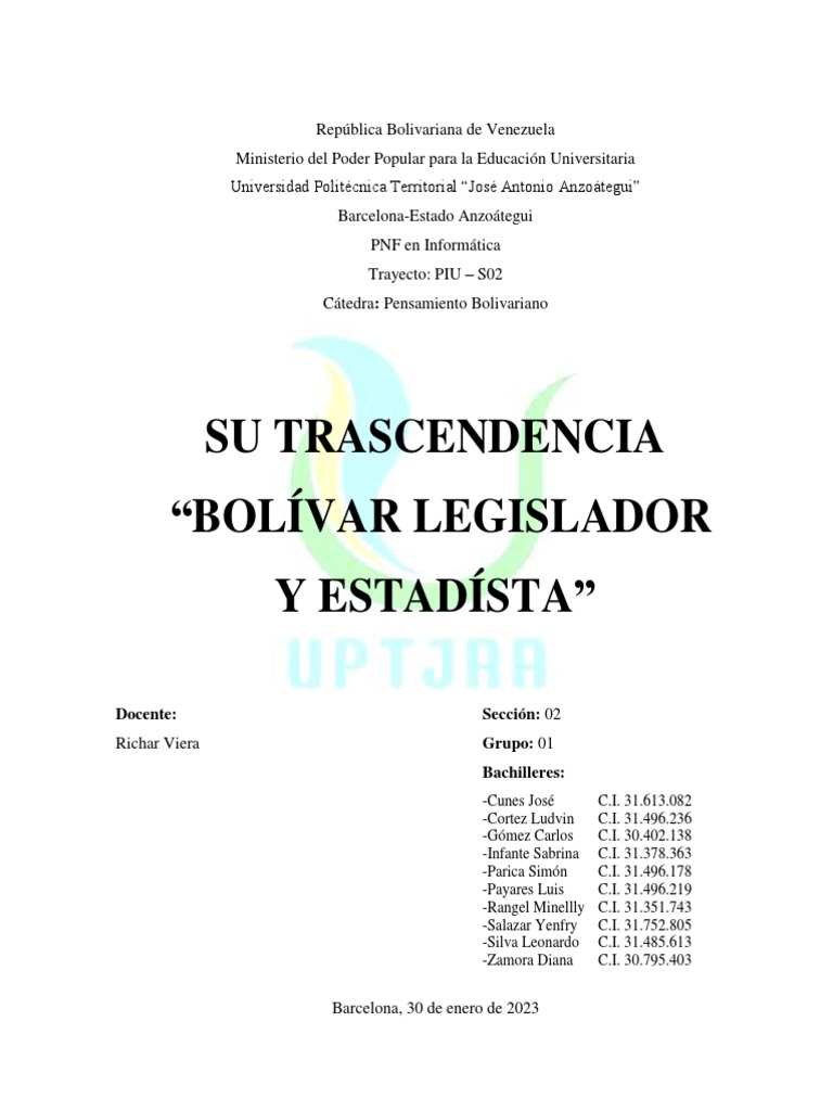 Trabajo 3 Su Transcendencia Bolivar Legislador y Estadista | PDF ...