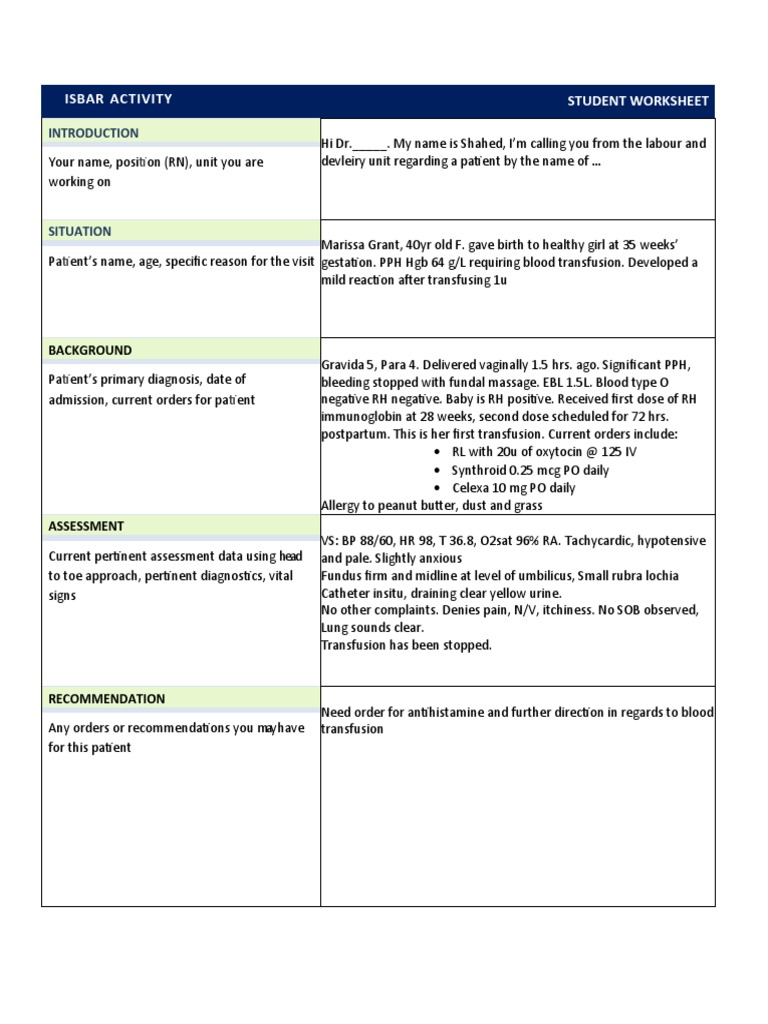 Worksheets - Isbar Blood Transfusion | Download Free PDF | Medical ...