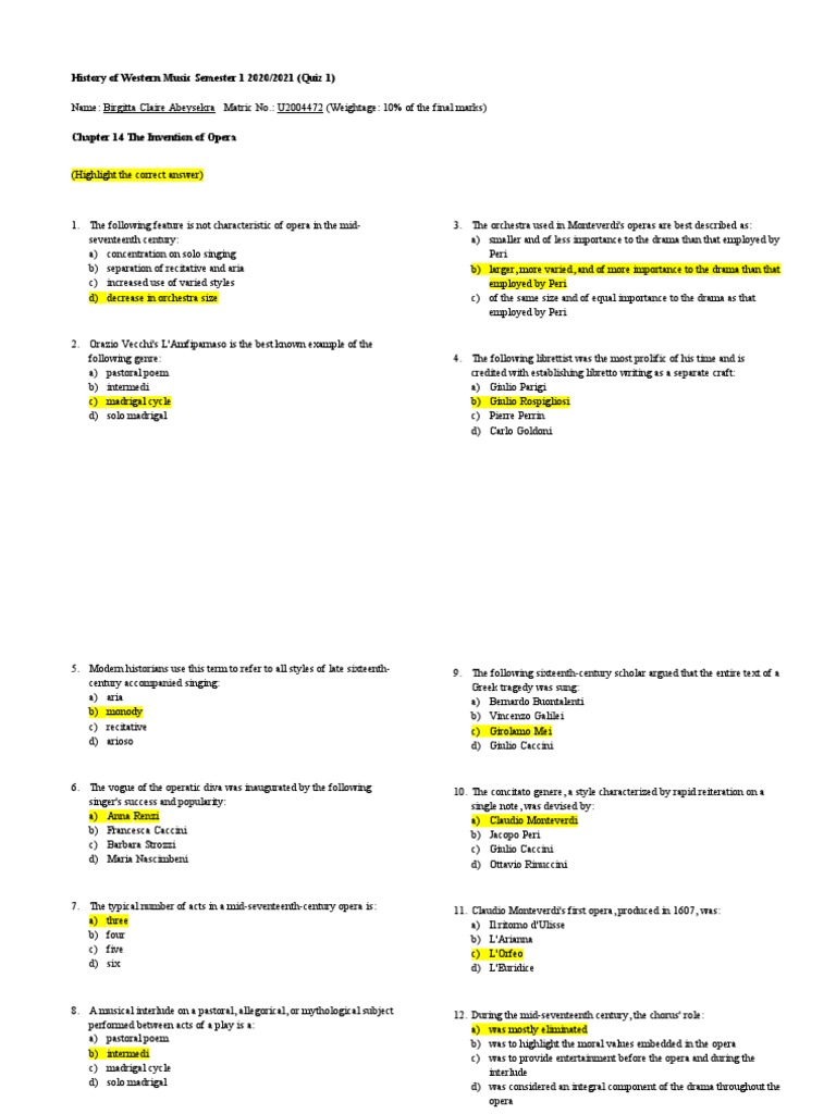 ASM-3-Chapter 14 Quiz-2020-2021 | PDF | Opera | Italian Music
