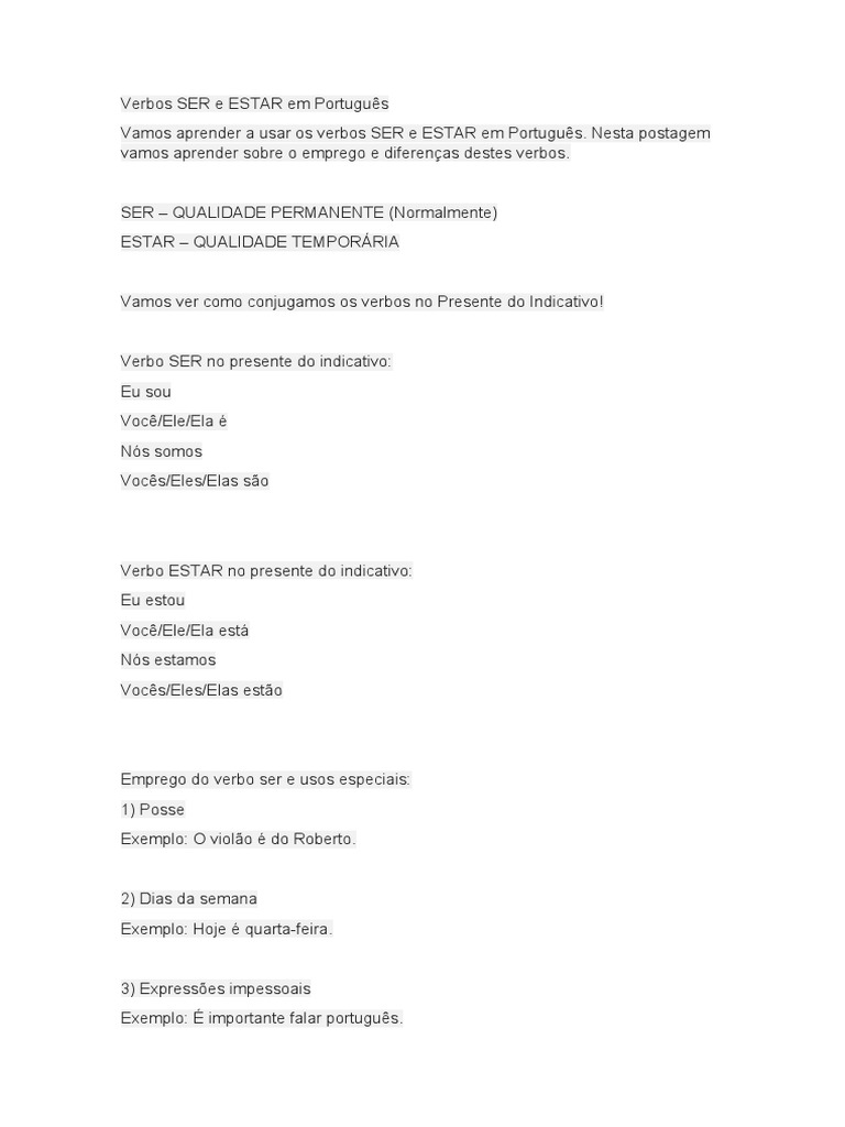 Diferenças entre Ser e Estar em Português | PDF | Artes Linguísticas e ...