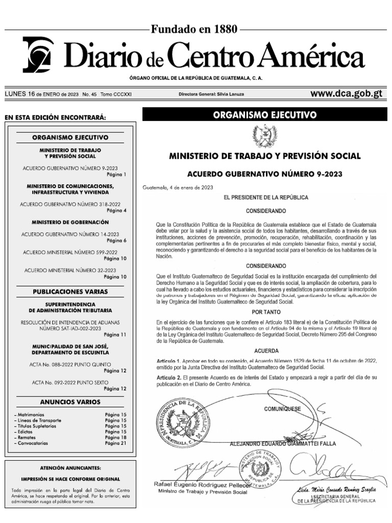 Acuerdo Gubernativo No 9 2023 y Acuerdo No 1529 de Junta Directiva Del IGSS | PDF