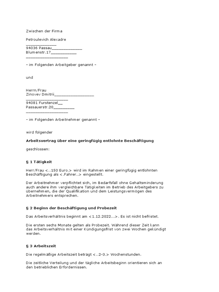 Arbeitsvertrag Geringfuegig Beschaeftigte 1 N | PDF