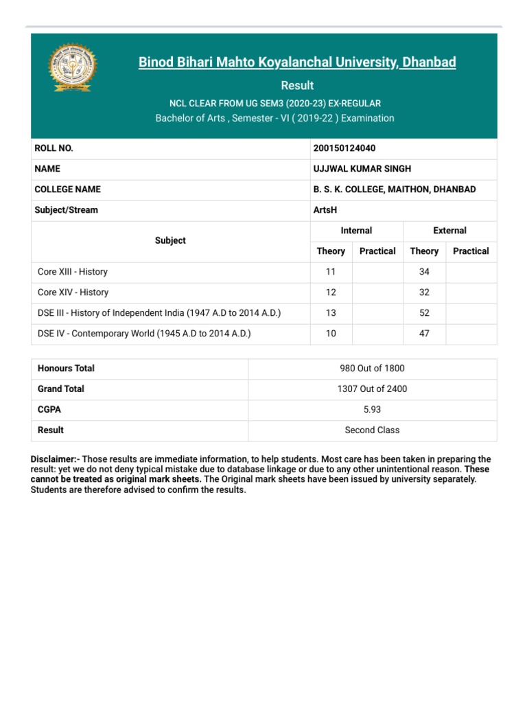 Binod Bihari Mahto Koyalanchal University BA 6th Sem Result | PDF