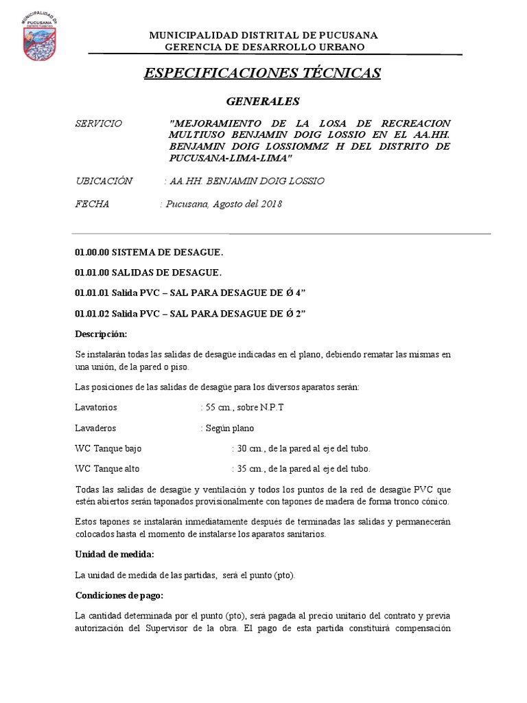 Especificaciones Tecnicas Sanitarias de Benjamin Doig | PDF | Tubería ...