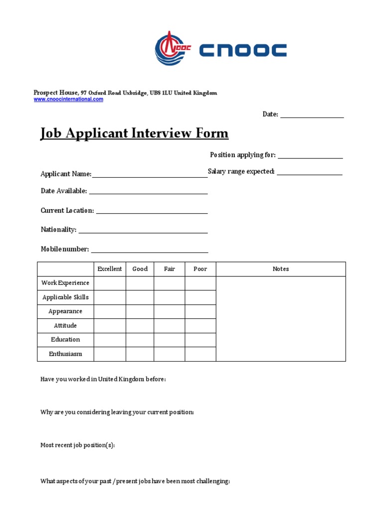 CNOOC International Candidate Interview Form | PDF | Career & Growth
