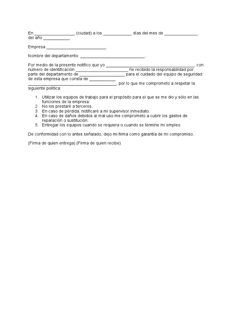 Ejemplo de Carta Responsiva de Equipo de Seguridad para Descargar en Word y PDF | PDF