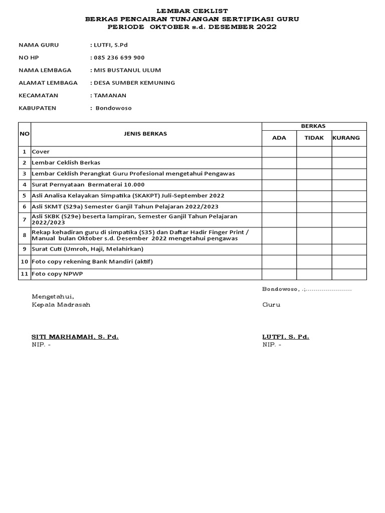 Form Lembar Ceklis Berkas | PDF