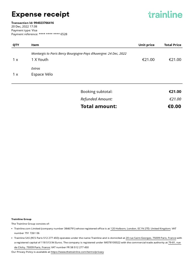Trainline Expense Receipt Details | PDF