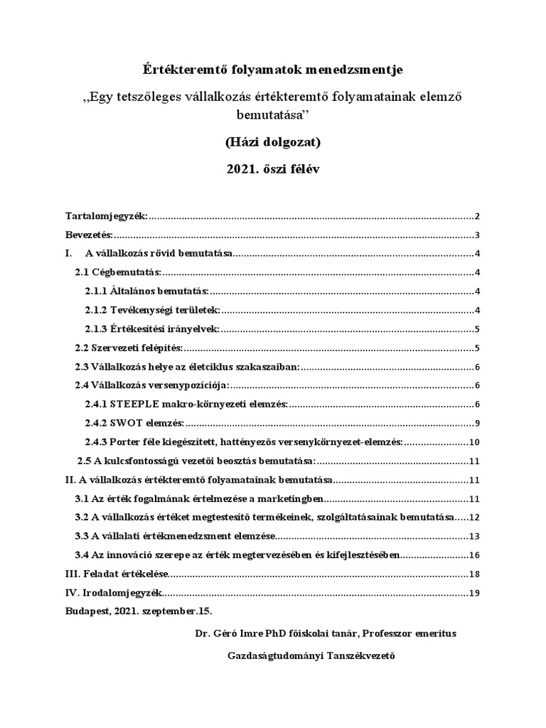 Hazi Dolgozat Ertekteremto Folyamatok Menedzsmentje 2021 Oszi Felev | PDF