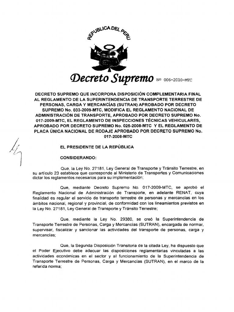 Decreto Supremo #006-2010-MTC | PDF | Finanzas y administración del dinero