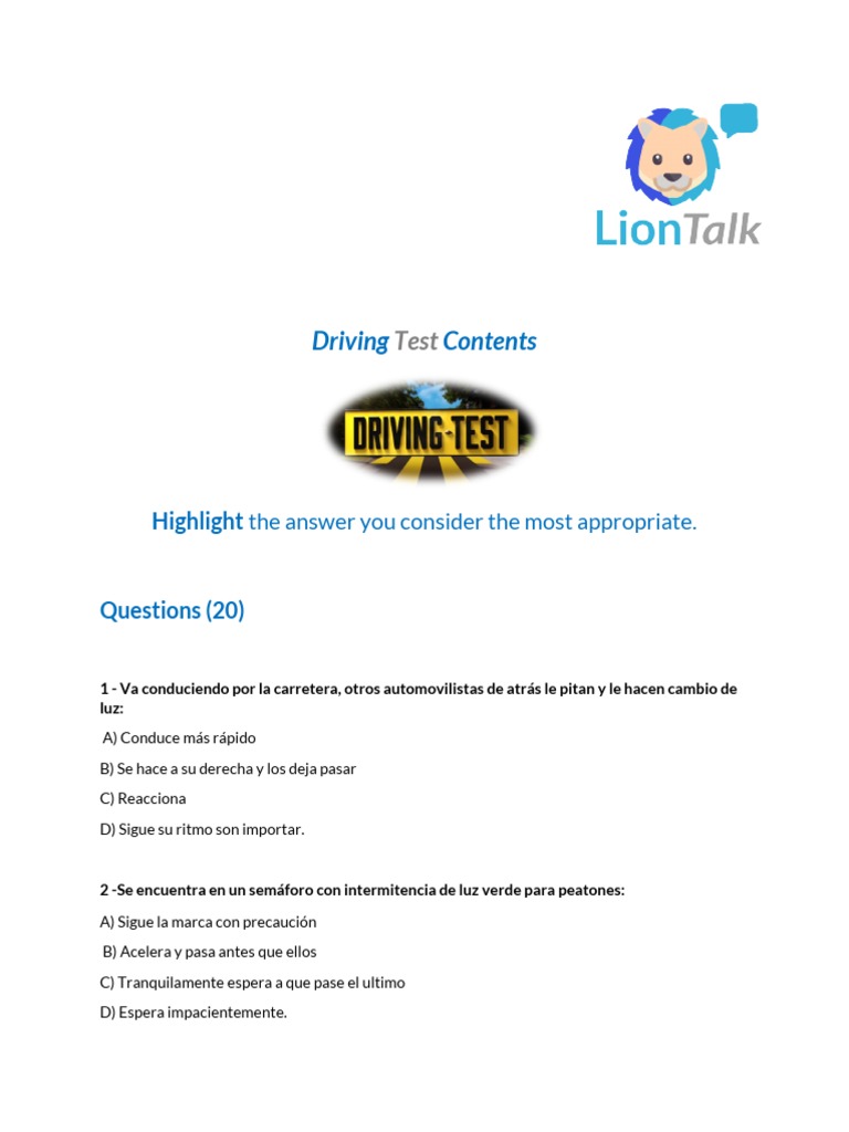 LT - Driving Test Spanish (Revised + Glossary) | PDF | Semáforo ...