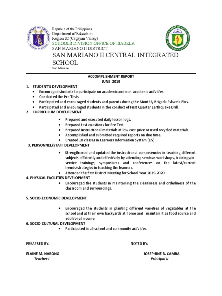 Accomplishment Report 2019 | PDF | Schools | Teachers