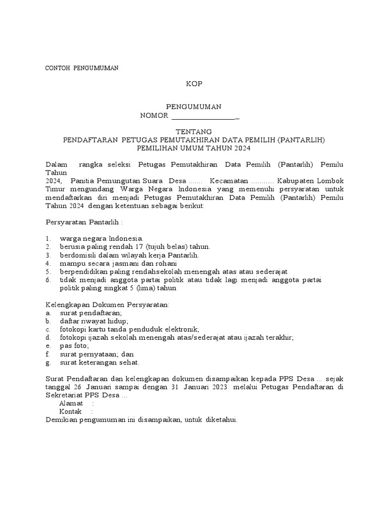 Contoh Pengumuman Dan Naskan Dinas Pengangkatan Pantarlih | PDF