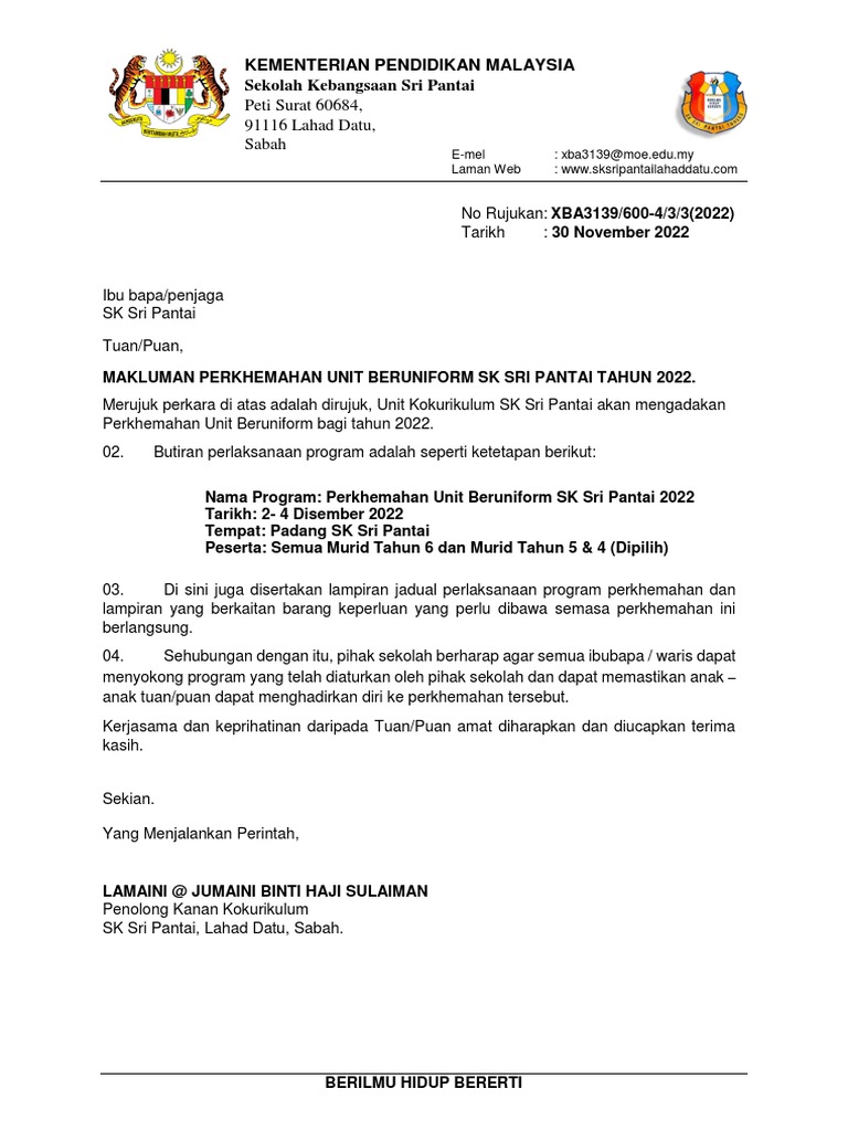 Surat Makluman Ibubapa (Program Perkhemahan Unit Beruniform SK Sri ...