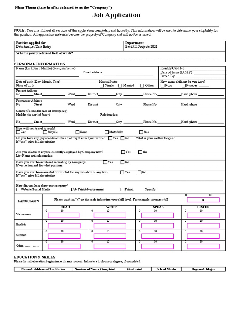 Job Application Form in English | PDF | Criminal Record