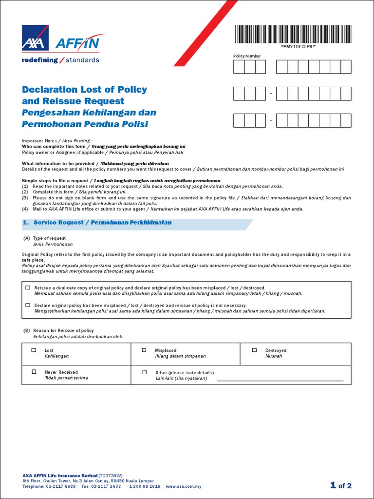 Declaration Lost of Policy & Reissue Request | PDF