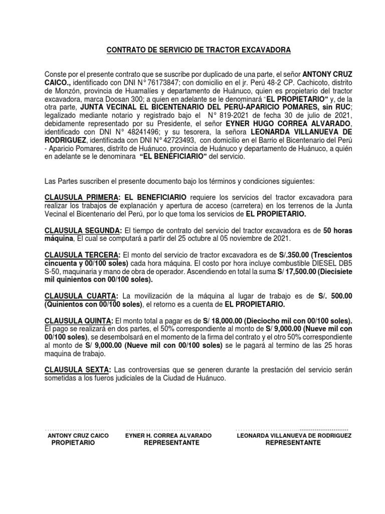 Contrato de Servicio de Tractor Oruga | PDF