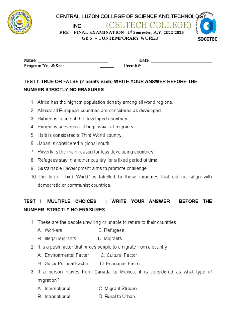 PRE - FINALS Examination in Contemporary World | PDF | Human Migration ...