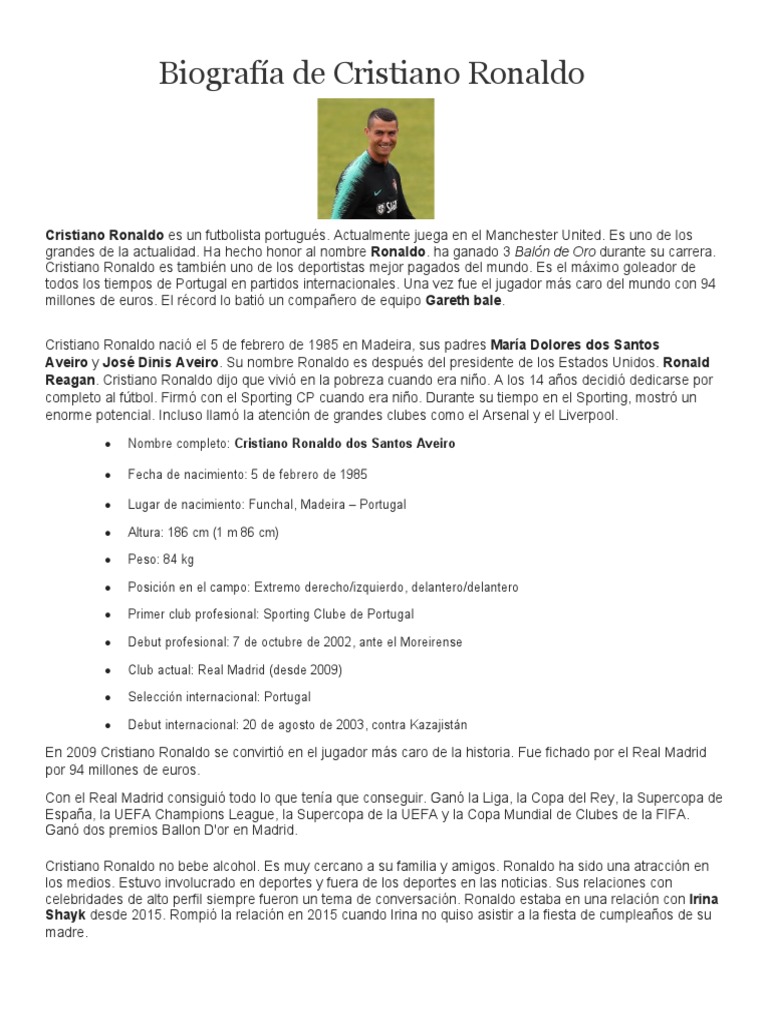 Biografía de Cristiano Ronaldo | PDF | Asociación de Futbol | Deportes