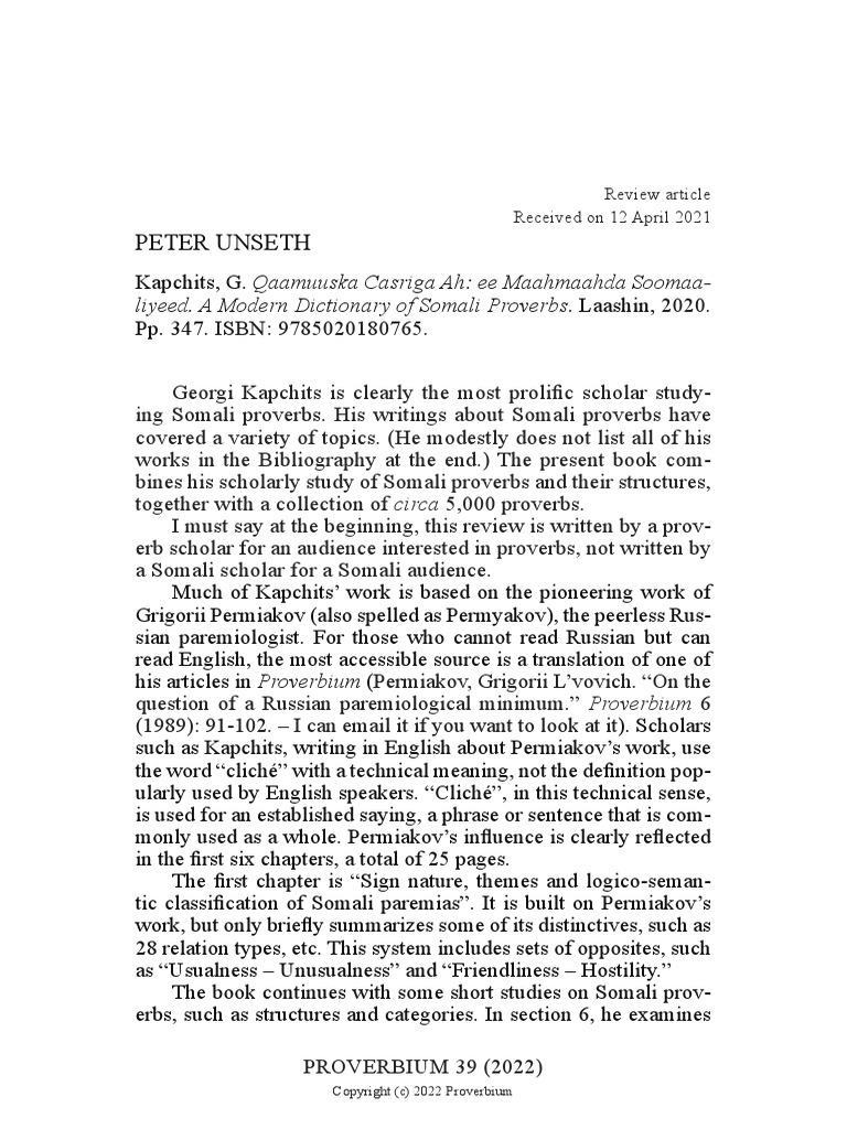 Unseth - Kapchits Somali Proverbs - Prepublication Form | PDF | Proverb ...