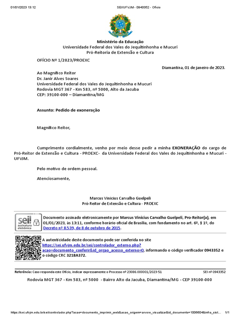 SEI_UFVJM - 0943352 - Ofício (1) | PDF | Universidades e faculdades