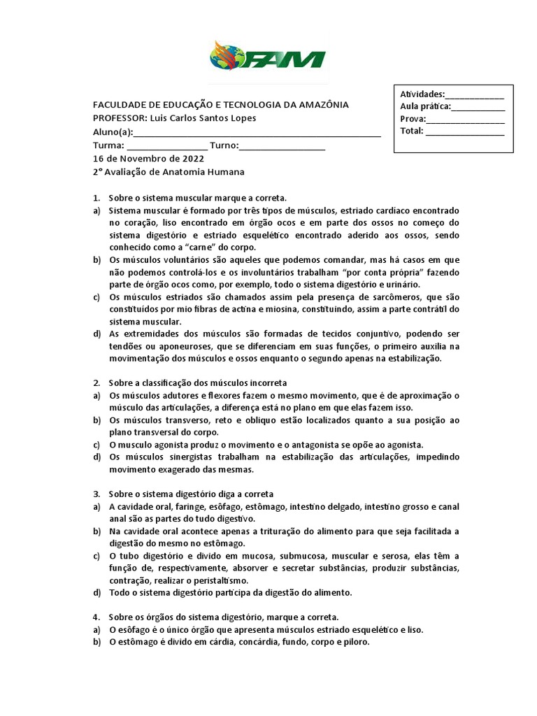 2 Prova Anatomia Pdf Sistema Digestivo Humano Músculo Esquelético