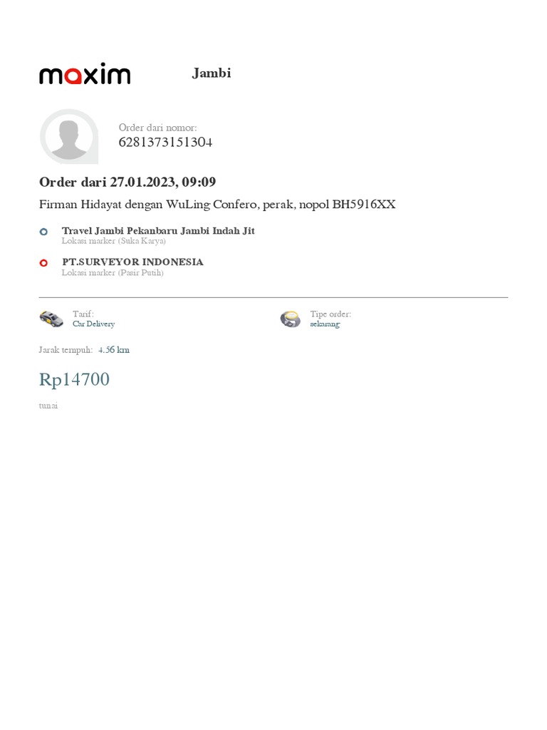 Nota Maxim Travel Jambi-Pekanbaru | PDF