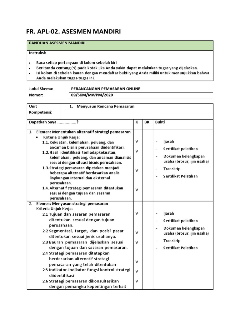 FR. APL-02. Asesmen Mandiri Online | PDF