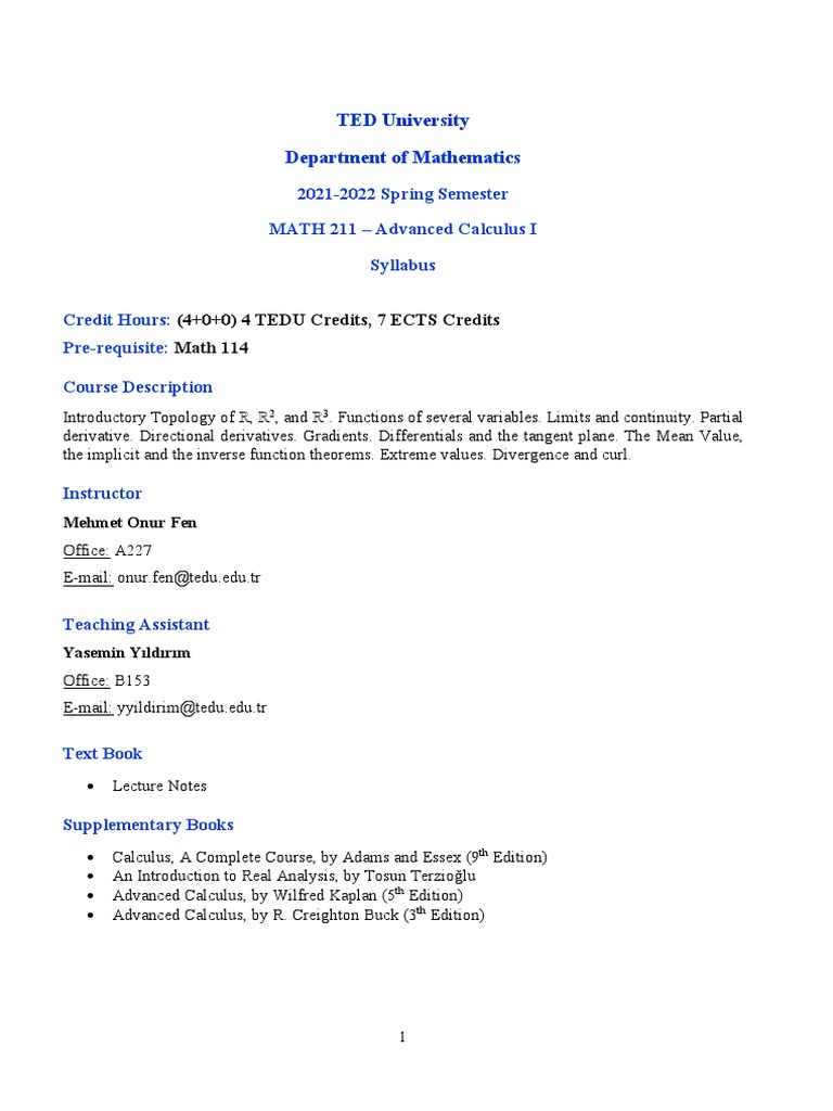 An In-Depth Exploration of the Syllabus for Advanced Calculus I: Functions of Several Variables ...