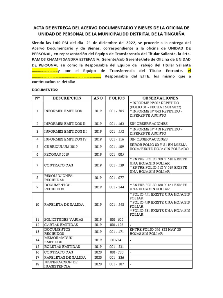Acta Acervo Documentario - Tinguiña | PDF