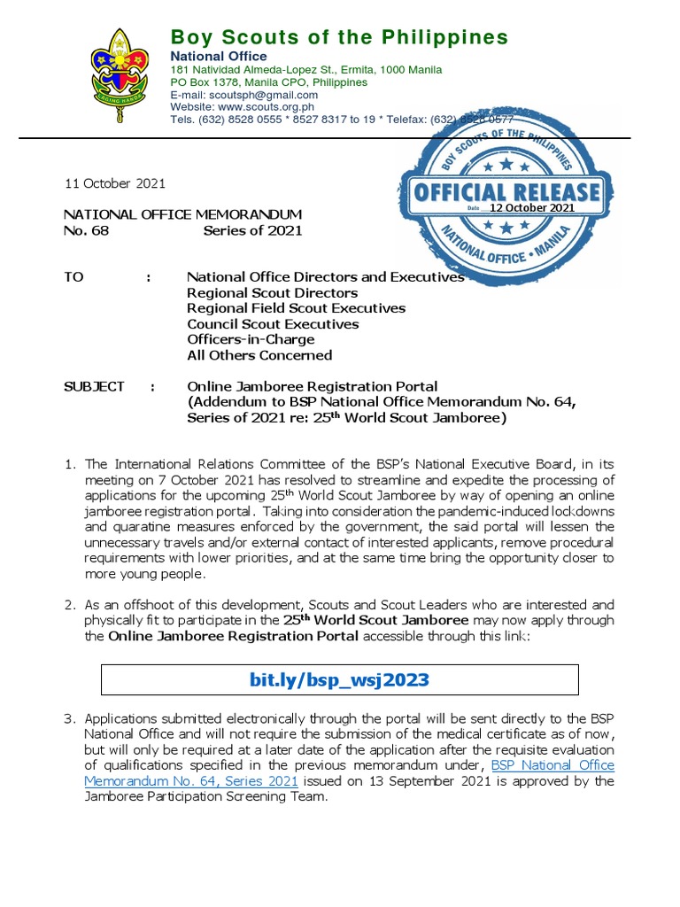 BSP Memo No. 68 S. 2021 Online Jamboree Registration Addendum To BSP No Memo No. 64 S. 2021 Re ...