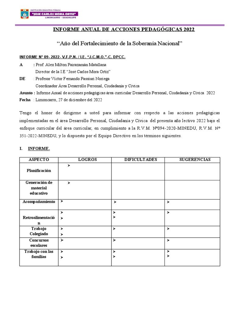 Informe Anual de Acciones Pedagógicas 2022 DPCC | PDF | Modificación de comportamiento