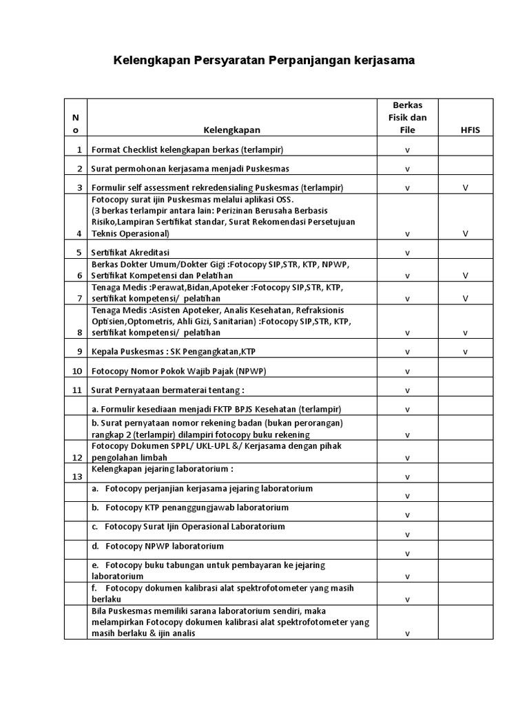 Ceklist Kelengkapan Persyaratan Perpanjangan Kerjasama | PDF