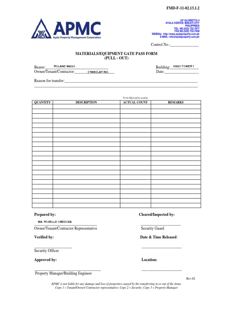 FMD F 11 02.13.1.2 - Material Equipment Gate Pass - Pullout | PDF FMD F 11 02.13.1.2 - Material Equipment Gate Pass - Pullout | PDF
