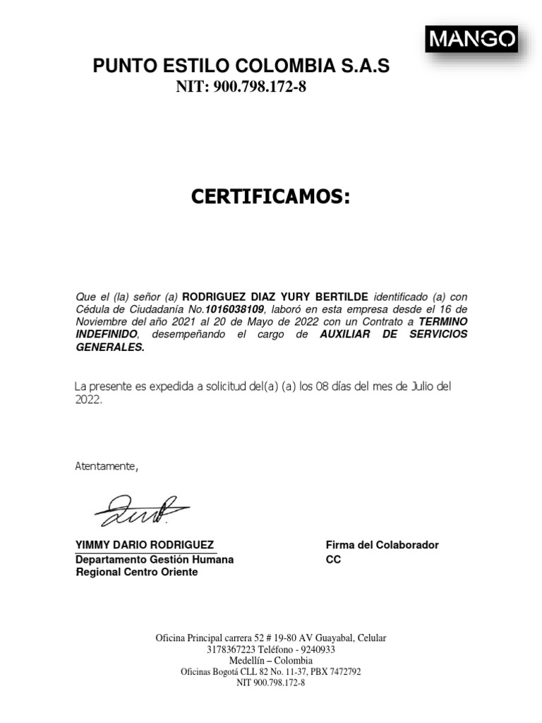 Certificado Laboral Yury Rodriguez | PDF
