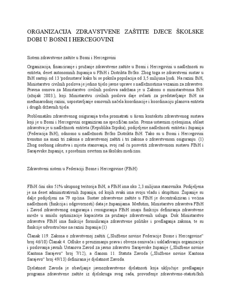 Organizacija Zdravstvene Zaštite Djece Školske Dobi U Bih | PDF
