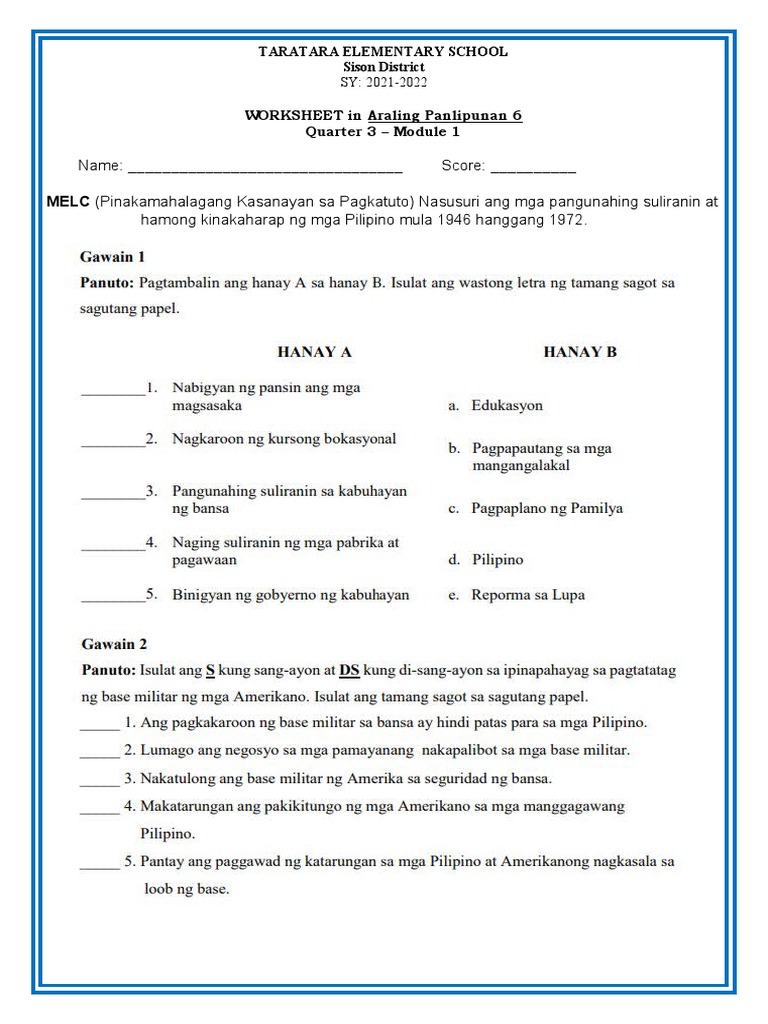 Worksheet in AP6-Q3 | PDF