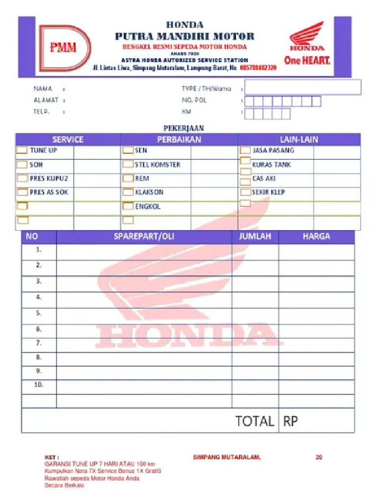 3 Contoh Nota Bengkel Motor | PDF