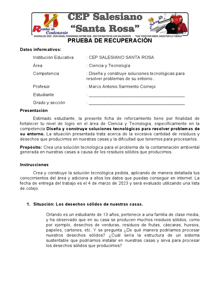 Sarmiento c3 Prueba de Recuperacion 2s | PDF | Residuos | Creatividad