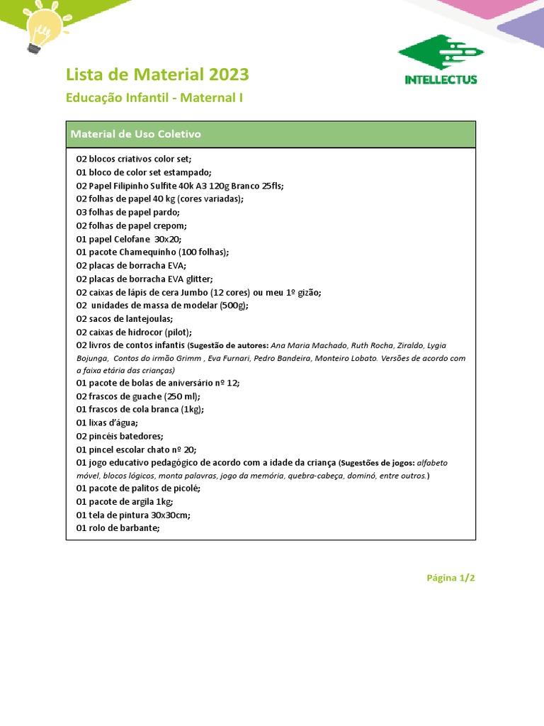 Lista de Materiais Maternal I 2023 | PDF