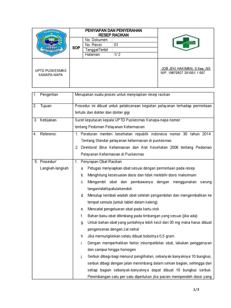 SOP - Penyiapan Dan Penyerahan Resep Racikan | PDF | Pengembangan Diri ...