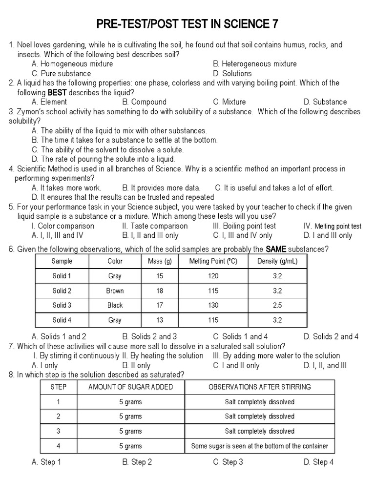 Pretest Science 7 | PDF | Cell (Biology) | Earth