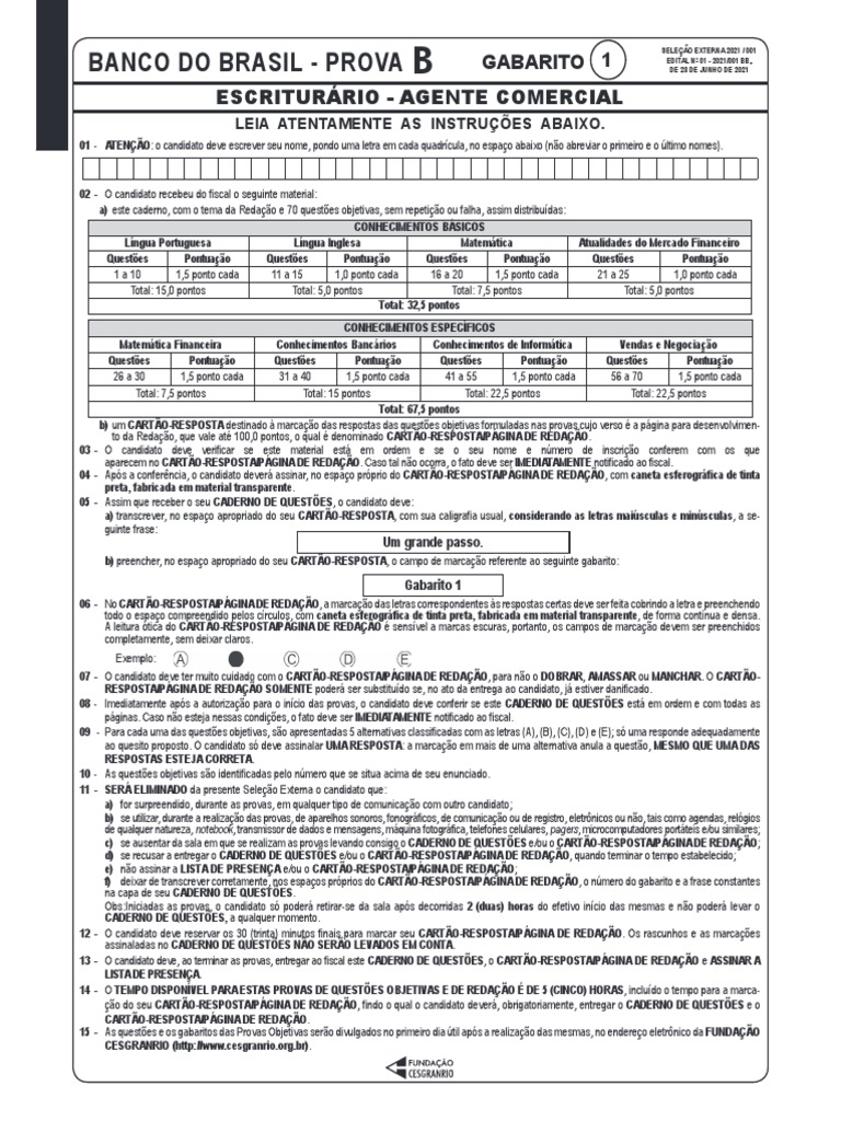 ESCRITURÁRIO - AGENTE COMERCIAL - PR B - GABARITO 1.indd - PROVA B - ESCRITURÁRIO - AGENTE ...