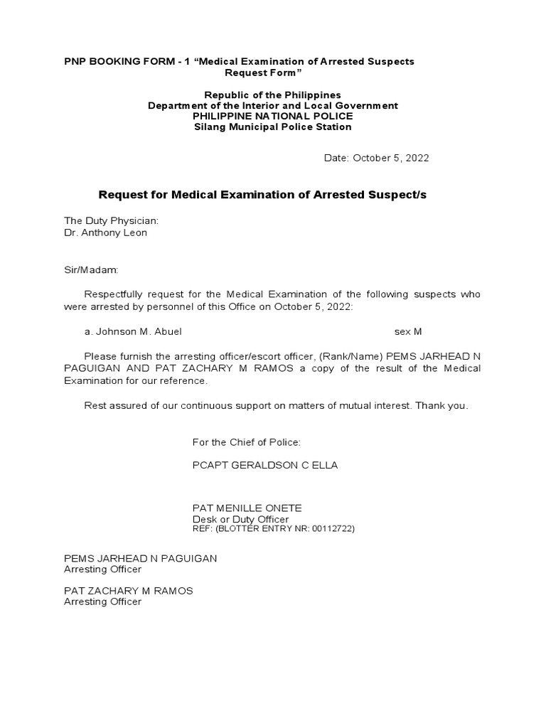 Medical Examination of Arrested Suspects Request Form | PDF