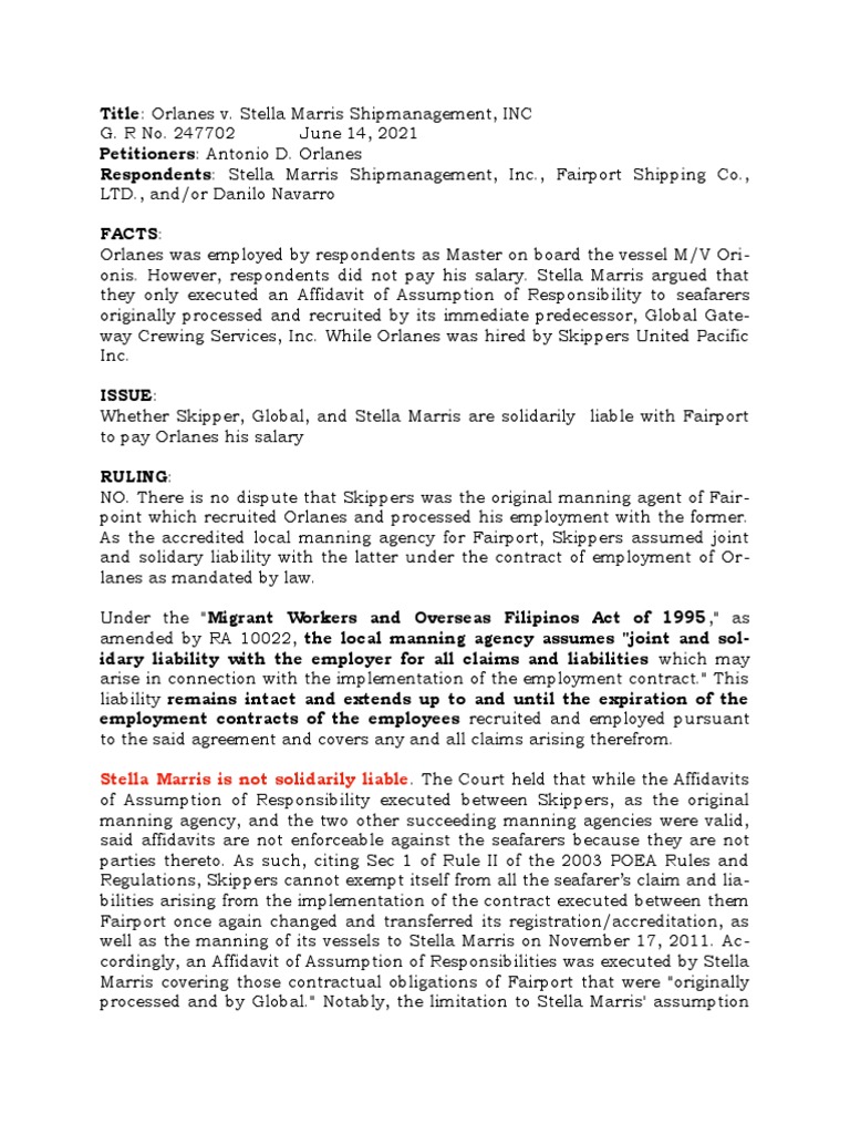 Orlanes v. Stella Marris Shipmanagement, INC | PDF | Employment | Legal ...