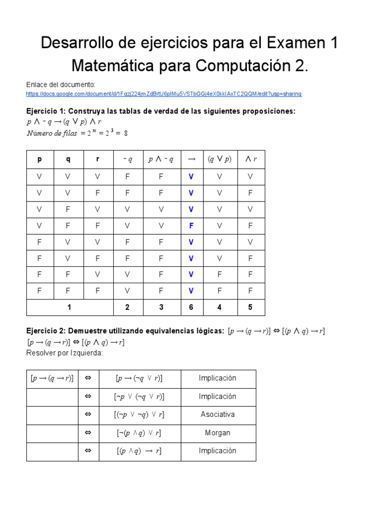 Desarrollo de Ejercicios de Repaso para El Examen 1 Matemática para Computación 2 | PDF | Verdad ...